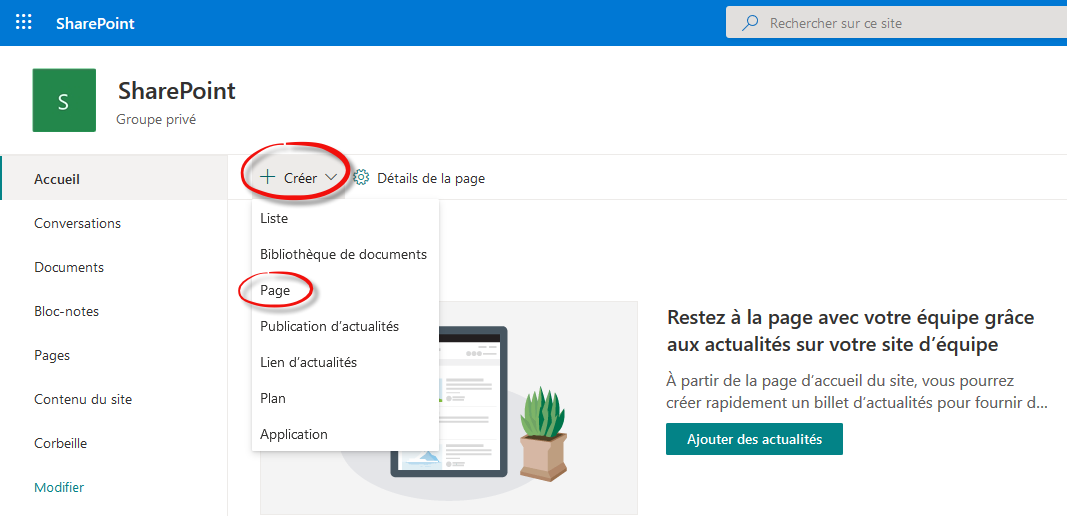Comment créer une page web pour un site SharePoint